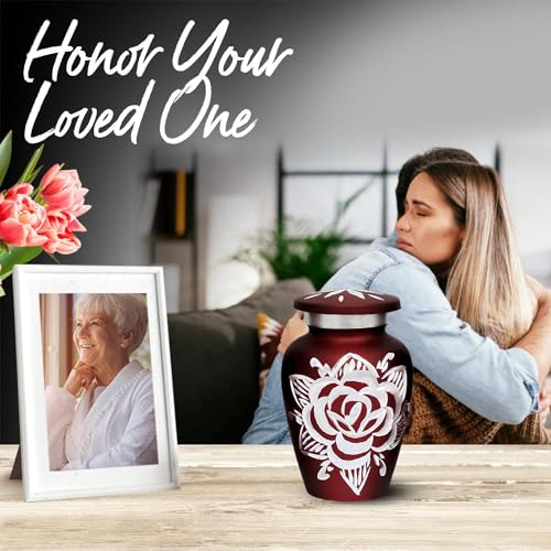 Red Rose Urn - Small Urn for Human Ashes Keepsake - Capacity 3 cu in - Height 2.9 in - Red Urn for Women Men with Box & Bag - Honor Your Loved One with Handcrafted Mini Cremation Urn for Ashes