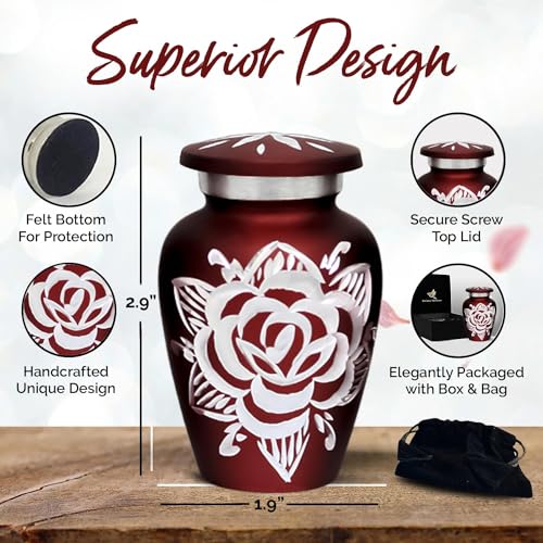 Red Rose Urn - Small Urn for Human Ashes Keepsake - Capacity 3 cu in - Height 2.9 in - Red Urn for Women Men with Box & Bag - Honor Your Loved One with Handcrafted Mini Cremation Urn for Ashes