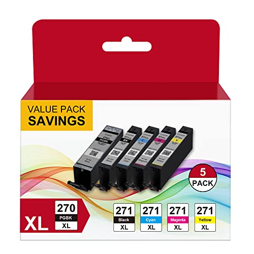 PGI-270XL CLI-271XL 5-Color Pack Compatible Ink Cartridge Replacement for Canon PGI270 XL CLI271 XL to Use with MG5720 MG5721 MG6820 MG6821 TS5020 TS6020 (1 PGBK, 1 Black, 1 Cyan, 1 Magenta, 1 Yellow)