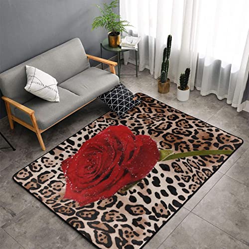 Soft Area Rug for Living Room,Leopard Red Rose Mix Wild Animal Leopard Print Pattern Background Romantic,Large Floor Carpets Doormat Non Slip Washable Indoor Rugs for Bedroom Kids Room 5 x 7Ft