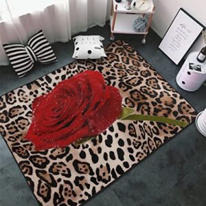 Soft Area Rug for Living Room,Leopard Red Rose Mix Wild Animal Leopard Print Pattern Background Romantic,Large Floor Carpets Doormat Non Slip Washable Indoor Rugs for Bedroom Kids Room 5 x 7Ft