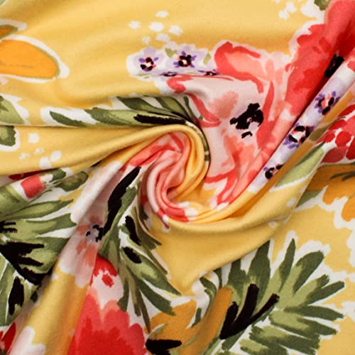 Texco Inc Poly Spandex Printed Medium Flowers DTY Brushed 4 Way Stretch Fabric, Banana Coral 2 Yards