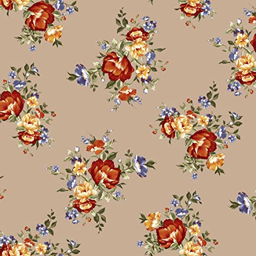 Texco Inc Watercolor Design Brushed DTY Prints Floral Pattern/ 4 Way Stretch Fabric, Taupe Peach Blue 2 Yards