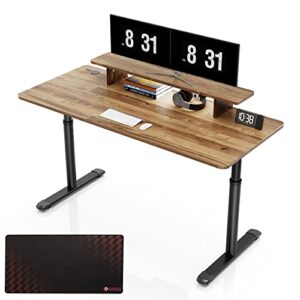 eureka ergonomic 60 inch computer desk large manual height adjustable gaming desk, home office desk with monitor stand shelf led lights strips, computer desk with dual 2 monitor mouse pad, brown