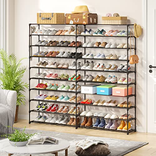 Tribesigns 10 Tier Extra Large Shoe Rack Organizer for Closet Entryway, 80 Pair Large Capacity Tall Shoes Storage Shelf with Side Metal Hooks for Garage Bedroom Hallway, Black