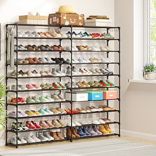 Tribesigns 10 Tier Extra Large Shoe Rack Organizer for Closet Entryway, 80 Pair Large Capacity Tall Shoes Storage Shelf with Side Metal Hooks for Garage Bedroom Hallway, Black