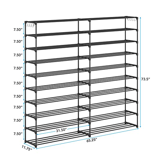 Tribesigns 10 Tier Extra Large Shoe Rack Organizer for Closet Entryway, 80 Pair Large Capacity Tall Shoes Storage Shelf with Side Metal Hooks for Garage Bedroom Hallway, Black