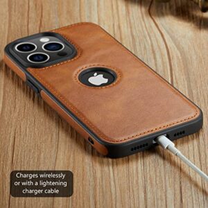 Casus Designed for iPhone 14 Pro Max Case Vegan Leather Slim Logo View Classic Luxury Elegant Thin Protective Cover (2022) 6.7" - Golden Brown