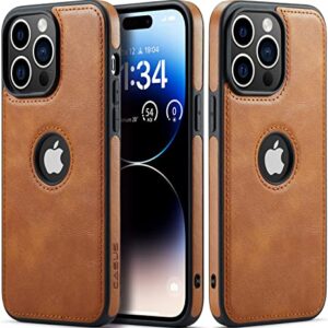 Casus Designed for iPhone 14 Pro Max Case Vegan Leather Slim Logo View Classic Luxury Elegant Thin Protective Cover (2022) 6.7" - Golden Brown