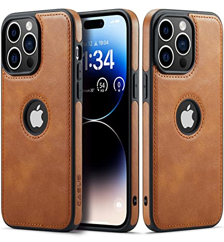 Casus Designed for iPhone 14 Pro Max Case Vegan Leather Slim Logo View Classic Luxury Elegant Thin Protective Cover (2022) 6.7" - Golden Brown