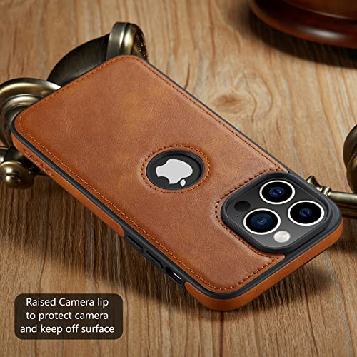 Casus Designed for iPhone 14 Pro Max Case Vegan Leather Slim Logo View Classic Luxury Elegant Thin Protective Cover (2022) 6.7" - Golden Brown