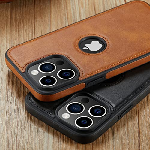 Casus Designed for iPhone 14 Pro Max Case Vegan Leather Slim Logo View Classic Luxury Elegant Thin Protective Cover (2022) 6.7" - Golden Brown