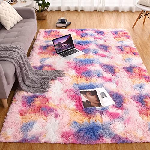 COZYLOOM Soft Fluffy Rainbow Kids Rug Luxury Soft Fluffy Shag Area Rug for Girls Room Plush Thick Non-Slip Indoor Shaggy Rug for Living Room Bedroom Nursery Entryway Cute Carpet 6 x 9 ft Tie-Dyed Pink