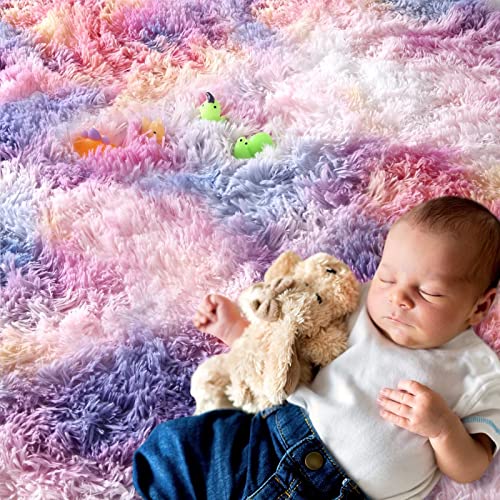 COZYLOOM Soft Fluffy Rainbow Kids Rug Luxury Soft Fluffy Shag Area Rug for Girls Room Plush Thick Non-Slip Indoor Shaggy Rug for Living Room Bedroom Nursery Entryway Cute Carpet 6 x 9 ft Tie-Dyed Pink