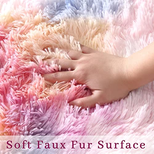 COZYLOOM Soft Fluffy Rainbow Kids Rug Luxury Soft Fluffy Shag Area Rug for Girls Room Plush Thick Non-Slip Indoor Shaggy Rug for Living Room Bedroom Nursery Entryway Cute Carpet 6 x 9 ft Tie-Dyed Pink