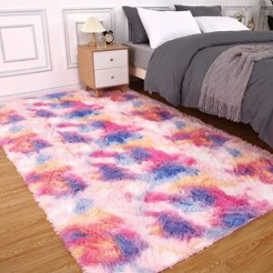 COZYLOOM Soft Fluffy Rainbow Kids Rug Luxury Soft Fluffy Shag Area Rug for Girls Room Plush Thick Non-Slip Indoor Shaggy Rug for Living Room Bedroom Nursery Entryway Cute Carpet 6 x 9 ft Tie-Dyed Pink