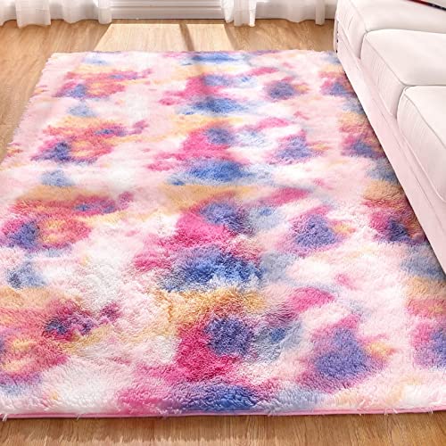 COZYLOOM Soft Fluffy Rainbow Kids Rug Luxury Soft Fluffy Shag Area Rug for Girls Room Plush Thick Non-Slip Indoor Shaggy Rug for Living Room Bedroom Nursery Entryway Cute Carpet 6 x 9 ft Tie-Dyed Pink