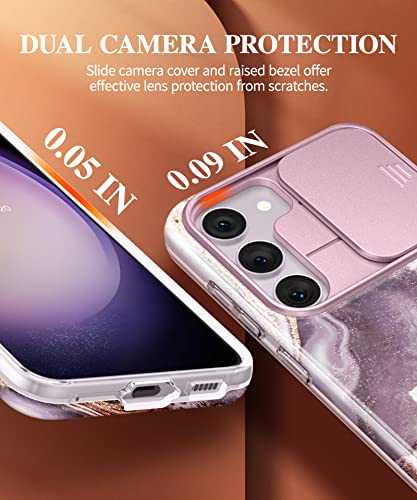 GVIEWIN Case Compatible with Samsung Galaxy S23 Plus with Slide Camera Cover + Screen Protector, [10FT Military Shockproof] Marble Slim Protective Phone Case, 5G 6.6-Inch 2023 (Burgundy/Gold)