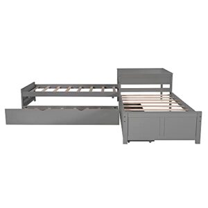 Harper & Bright Designs L-Shaped Corner Platform Beds with Trundle, Wood Twin Size Bed with 2 Drawers, Built-in Table for Family Kids Teens Bedroom Furniture, Grey