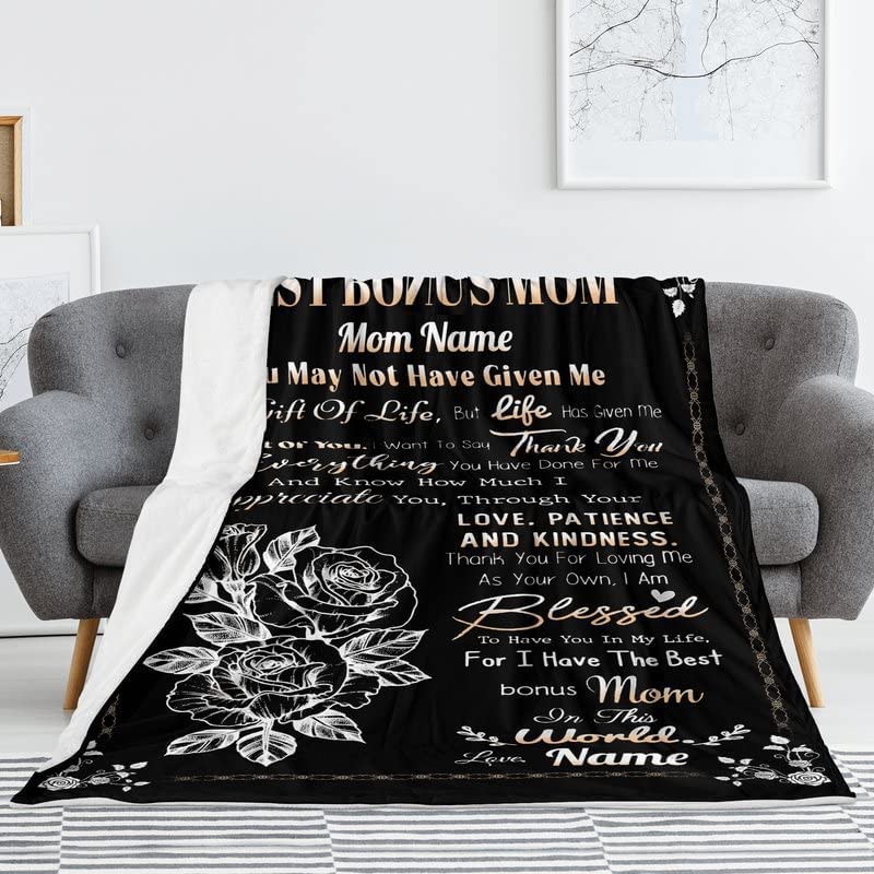 Personalized Best Bonus Mom Blanket, Happy Mother's Day Blanket, Best Gift for Step Mom, Meaningful Family Quote, Custom Name Stepmom Birthday Super Soft Flannel Warm Throw Blanket for Couch Bed