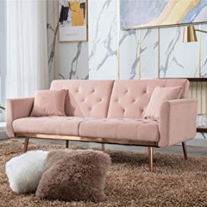 Woanke Mid Century Modern Velvet Fabric Home Living Room Bedroom, Convertible Futon Bed, Accent Sofa Recliner, Golden Metal Legs, 2 Couch Pillows, Pink