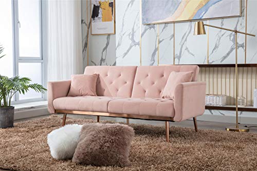 Woanke Mid Century Modern Velvet Fabric Home Living Room Bedroom, Convertible Futon Bed, Accent Sofa Recliner, Golden Metal Legs, 2 Couch Pillows, Pink