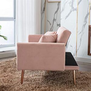 Woanke Mid Century Modern Velvet Fabric Home Living Room Bedroom, Convertible Futon Bed, Accent Sofa Recliner, Golden Metal Legs, 2 Couch Pillows, Pink