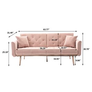 Woanke Mid Century Modern Velvet Fabric Home Living Room Bedroom, Convertible Futon Bed, Accent Sofa Recliner, Golden Metal Legs, 2 Couch Pillows, Pink