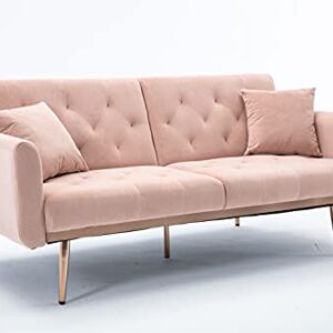 Woanke Mid Century Modern Velvet Fabric Home Living Room Bedroom, Convertible Futon Bed, Accent Sofa Recliner, Golden Metal Legs, 2 Couch Pillows, Pink