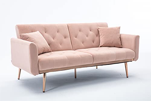 Woanke Mid Century Modern Velvet Fabric Home Living Room Bedroom, Convertible Futon Bed, Accent Sofa Recliner, Golden Metal Legs, 2 Couch Pillows, Pink