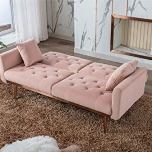 Woanke Mid Century Modern Velvet Fabric Home Living Room Bedroom, Convertible Futon Bed, Accent Sofa Recliner, Golden Metal Legs, 2 Couch Pillows, Pink