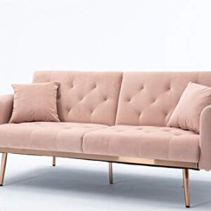 Voohek Velvet Futon Sofa, Tufted Loveseat Couch, Convertible Sleeper Bed, Accent Recliner with Golden Metal Legs & 2 Pillows for Home Living Room Bedroom, Pink