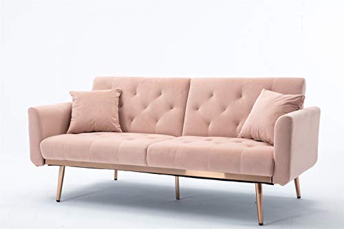 Voohek Velvet Futon Sofa, Tufted Loveseat Couch, Convertible Sleeper Bed, Accent Recliner with Golden Metal Legs & 2 Pillows for Home Living Room Bedroom, Pink