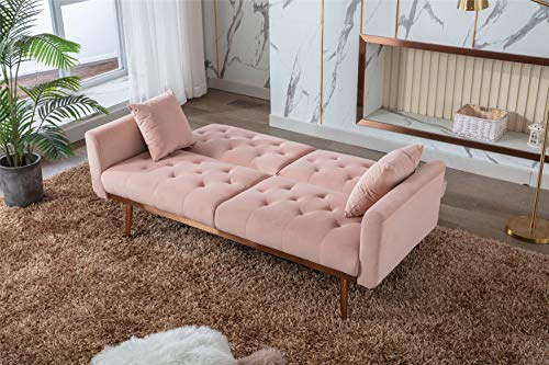 Voohek Velvet Futon Sofa, Tufted Loveseat Couch, Convertible Sleeper Bed, Accent Recliner with Golden Metal Legs & 2 Pillows for Home Living Room Bedroom, Pink