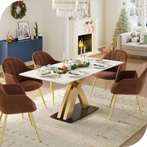 HERNEST 62 Inch Marble Dining Table for 6-8, Modern Heavy Duty Dining Room Table with White Sintered Stone Tabletop Gold X-Bracket and Carbon Steel Pedestal, Rectangular Kitchen Table for Living Room