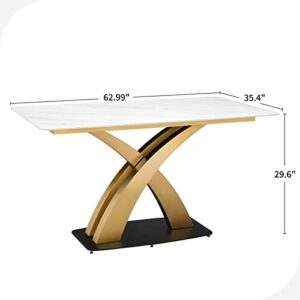 HERNEST 62 Inch Marble Dining Table for 6-8, Modern Heavy Duty Dining Room Table with White Sintered Stone Tabletop Gold X-Bracket and Carbon Steel Pedestal, Rectangular Kitchen Table for Living Room