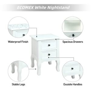 ECOMEX White Nightstand with 2 Drawers, Wooden Night Stand Fully Assembled White Night Stand with Storage for Small Space Bedroom Office, European Style 1Pc