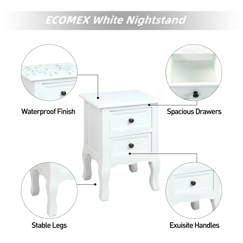 ECOMEX White Nightstand with 2 Drawers, Wooden Night Stand Fully Assembled White Night Stand with Storage for Small Space Bedroom Office, European Style 1Pc