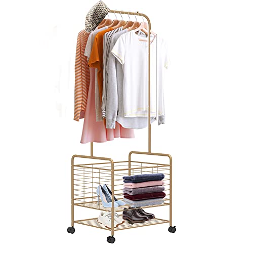 lonmtos Rolling Laundry Cart，Laundry Basket With Wheels And Hanging Rack，Laundry Cart On Wheels，Laundry Cart With Wheels And Hanging Rack，Laundry Organizer With Hanging Rack（Gold）