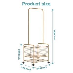 lonmtos Rolling Laundry Cart，Laundry Basket With Wheels And Hanging Rack，Laundry Cart On Wheels，Laundry Cart With Wheels And Hanging Rack，Laundry Organizer With Hanging Rack（Gold）