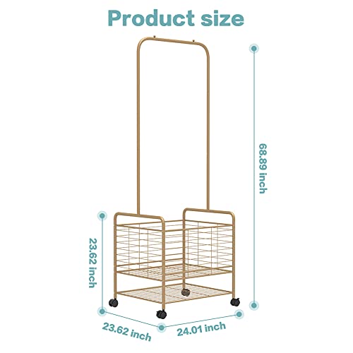 lonmtos Rolling Laundry Cart，Laundry Basket With Wheels And Hanging Rack，Laundry Cart On Wheels，Laundry Cart With Wheels And Hanging Rack，Laundry Organizer With Hanging Rack（Gold）