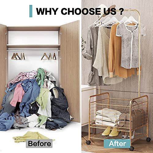 lonmtos Rolling Laundry Cart，Laundry Basket With Wheels And Hanging Rack，Laundry Cart On Wheels，Laundry Cart With Wheels And Hanging Rack，Laundry Organizer With Hanging Rack（Gold）