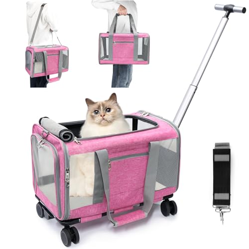 Cat Carrier, Dog Carrier Airline Approved【Fit American/TSA/Delta/United Airline】 for Small Dogs or Large Cat, Cat Bag Carrier with Wheels, Folding Pet Carrier Under Seat for Walking Travel Vet Visits