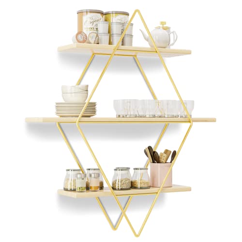 BENOLDY, 3 Tier Prism Gold Metal Frame Wall Mounted Floating Shelf with Pine Wood Rack - Decorative Storage Wall Shelves for Bathroom, Kitchen, Living Room, and Bedroom Organization