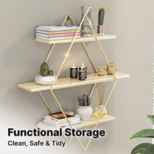 BENOLDY, 3 Tier Prism Gold Metal Frame Wall Mounted Floating Shelf with Pine Wood Rack - Decorative Storage Wall Shelves for Bathroom, Kitchen, Living Room, and Bedroom Organization