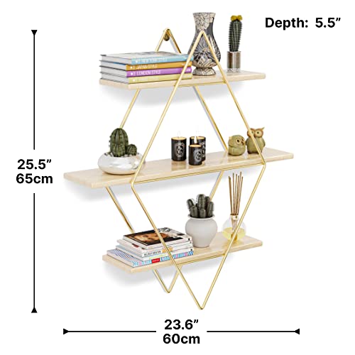 BENOLDY, 3 Tier Prism Gold Metal Frame Wall Mounted Floating Shelf with Pine Wood Rack - Decorative Storage Wall Shelves for Bathroom, Kitchen, Living Room, and Bedroom Organization