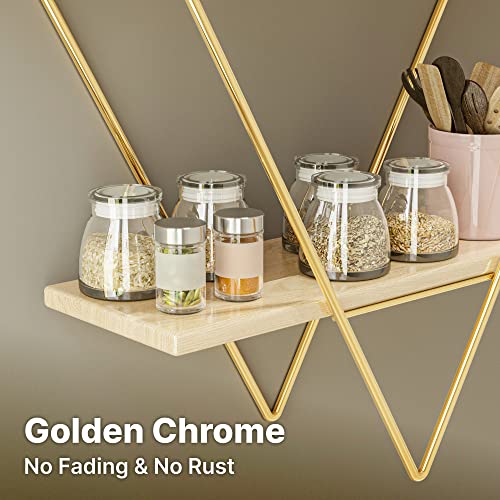 BENOLDY, 3 Tier Prism Gold Metal Frame Wall Mounted Floating Shelf with Pine Wood Rack - Decorative Storage Wall Shelves for Bathroom, Kitchen, Living Room, and Bedroom Organization