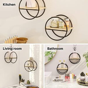 BENOLDY, Circle Mini - Luxury Varnished Pine Wood Floating Shelf - Black Metal Frame Mini Wall Decor Shelves for Bathroom, Living Room, Bedroom and Kitchen