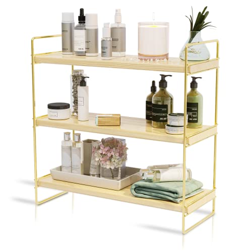 BENOLDY, Gold Metal 3 Tier Varnished Waterproof Wooden Stand, Multipurpose Organizer for Bathroom, Bedroom, Kitchen Countertop, Spice Rack, Coffee Station, Cup Holder, Tea Box Organizer