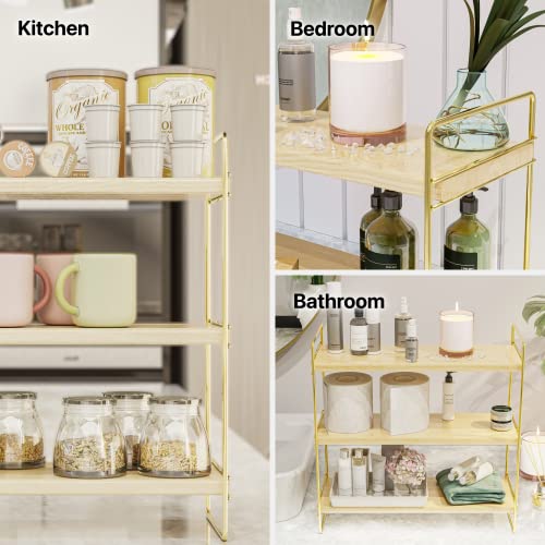 BENOLDY, Gold Metal 3 Tier Varnished Waterproof Wooden Stand, Multipurpose Organizer for Bathroom, Bedroom, Kitchen Countertop, Spice Rack, Coffee Station, Cup Holder, Tea Box Organizer